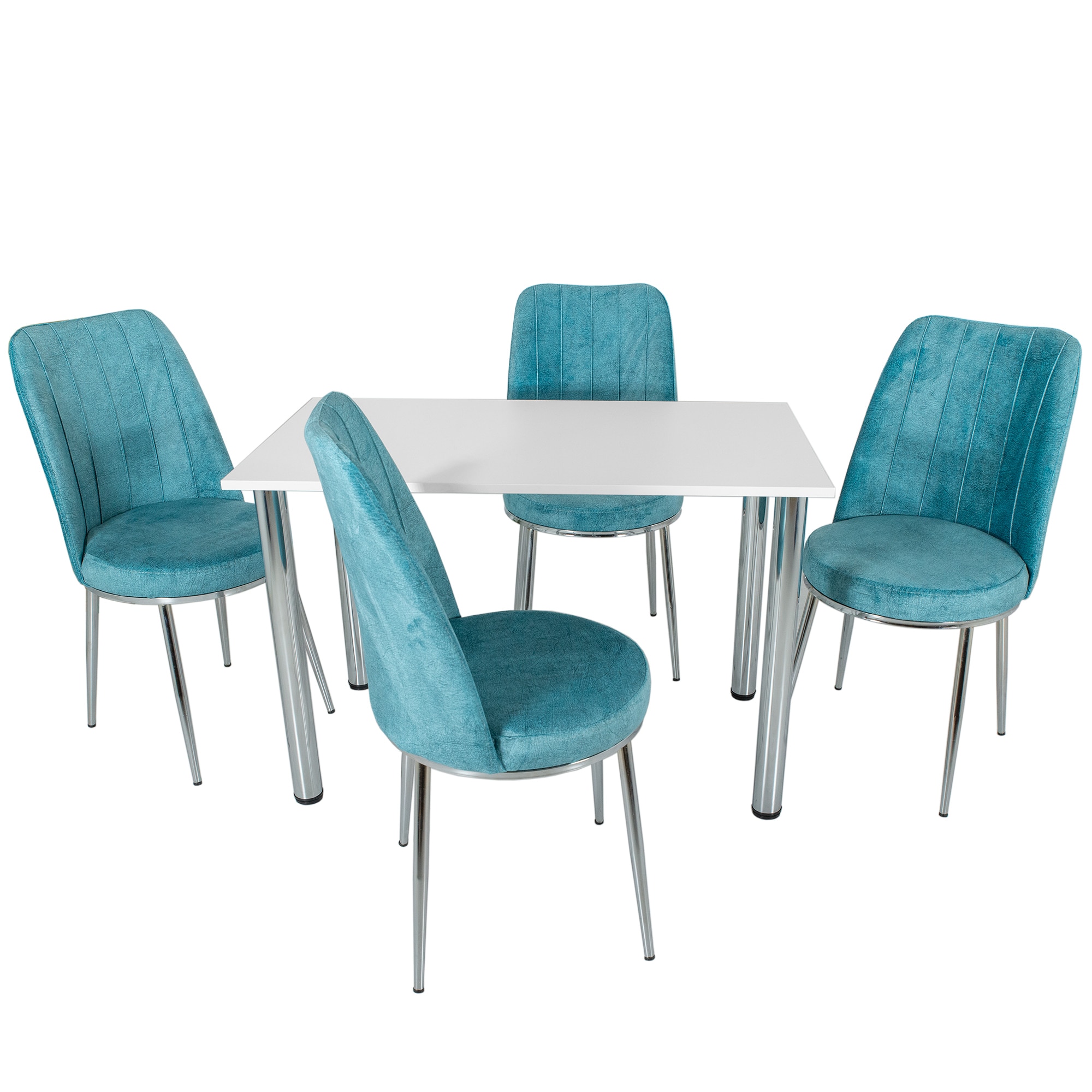 Set masa cu 4 scaune Berlin, DENVER, cadru crom, stofa turcoaz, blat ...