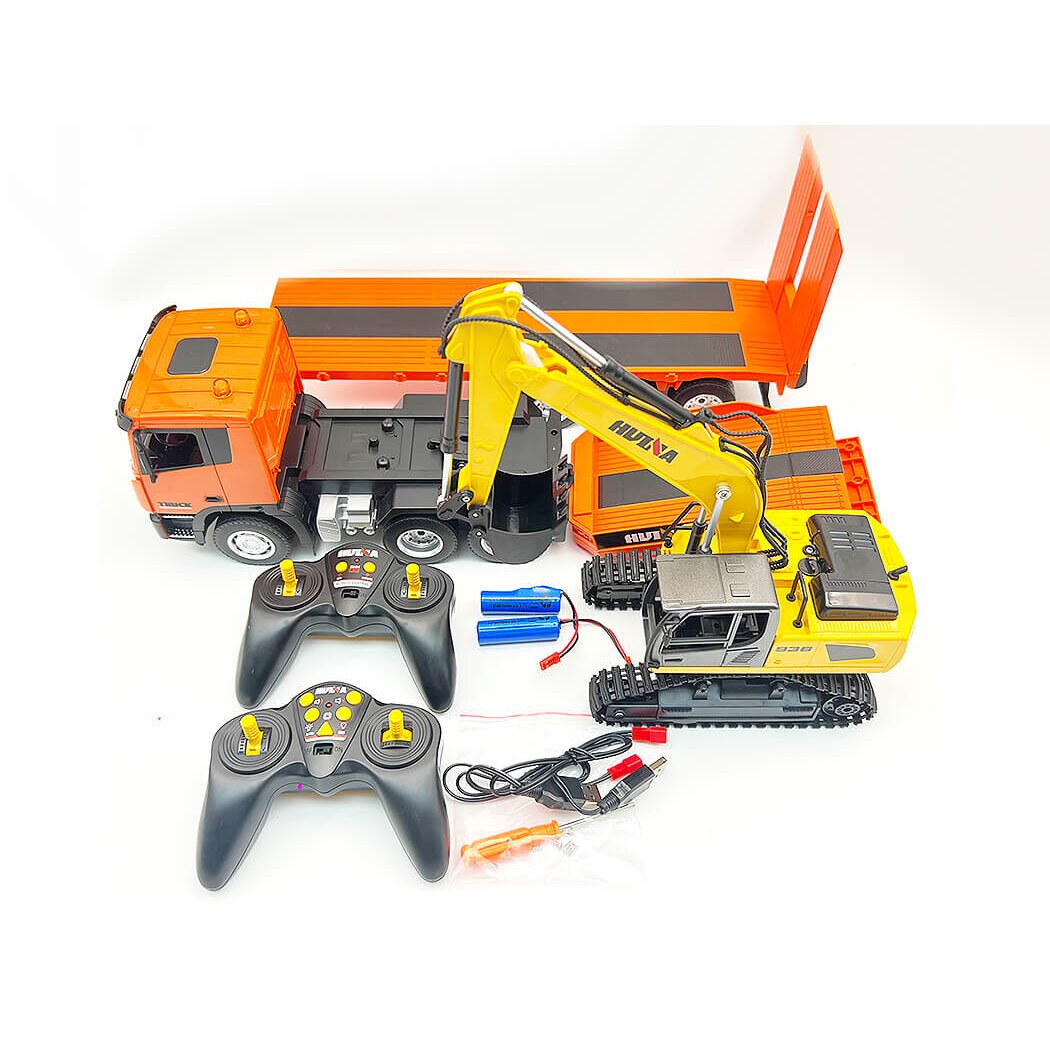 Camion cu telecomanda Huina 1319 trailer si excavator scara 1:24 - eMAG.ro