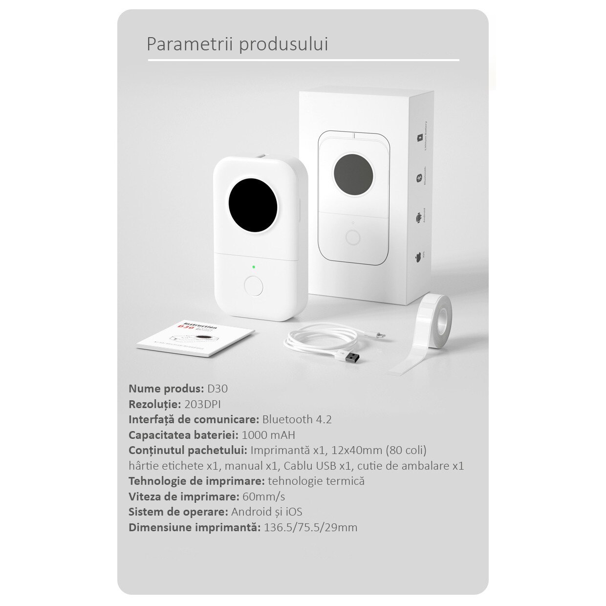 Imprimanta termica portabila, Mini D30, pentru etichetari, Alba - eMAG.ro