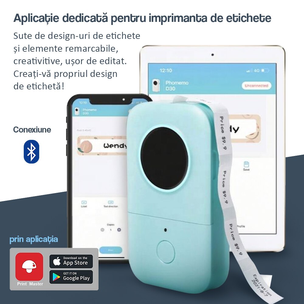 Imprimanta termica portabila, Mini D30, pentru etichetari, Alba - eMAG.ro
