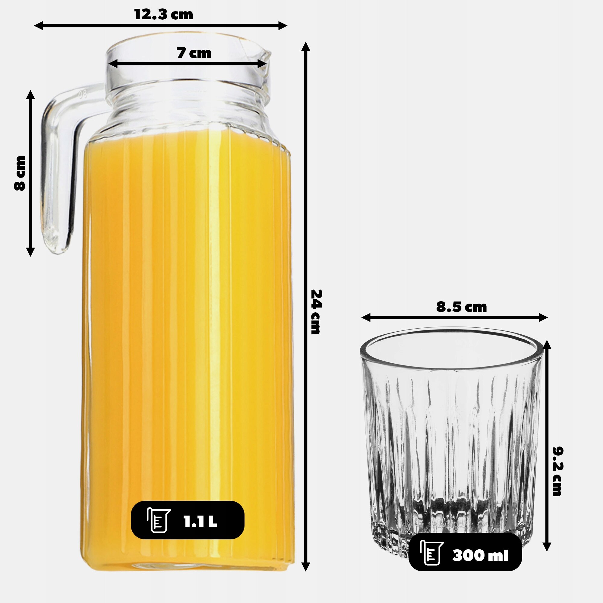 Set ulcior de suc cu 6 pahare, Kadax, Sticla, Transparent, 300 ml 1.1 L ...