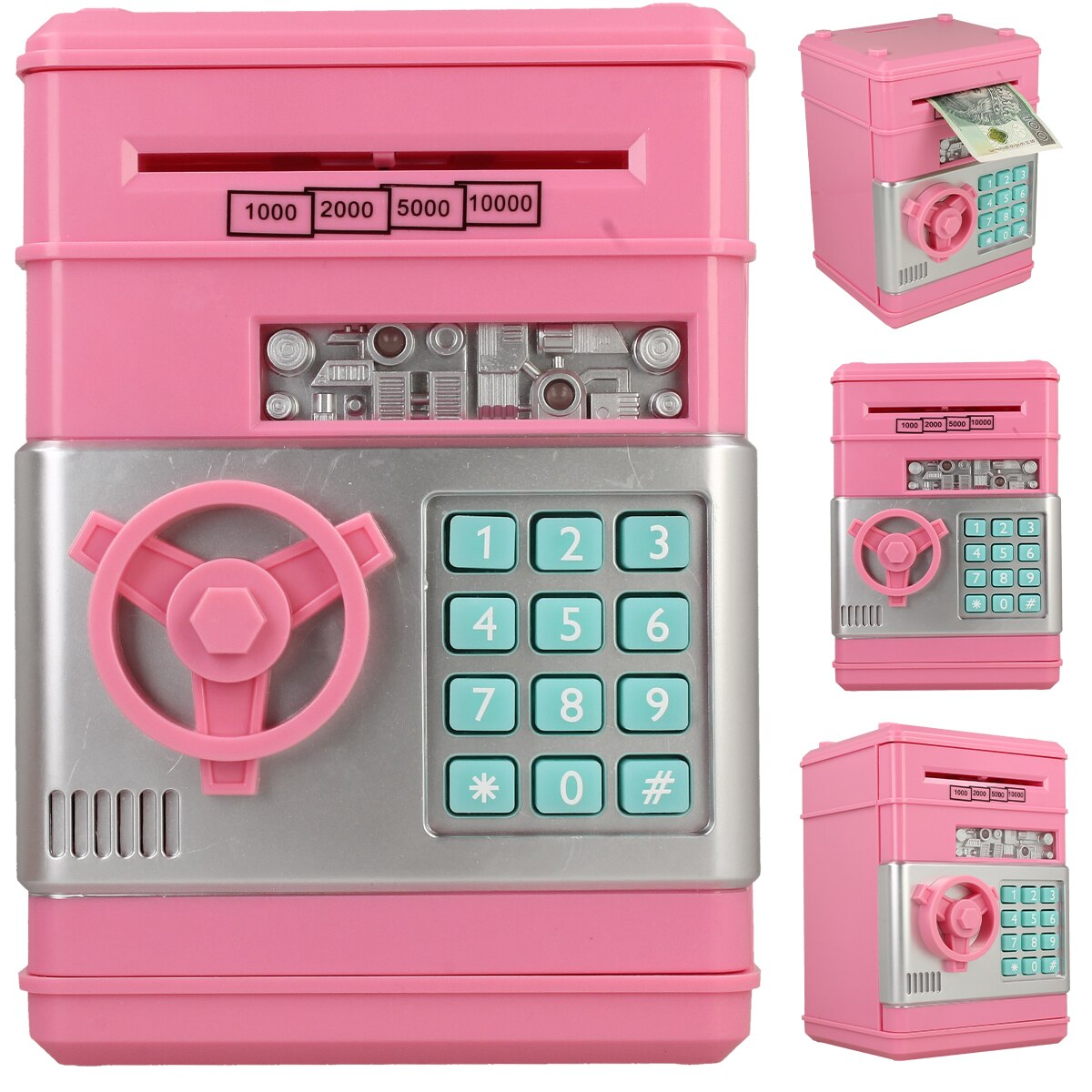 Seif pentru bancnote si monede, Stator, Cu cod pin, Plastic, Roz - eMAG.ro