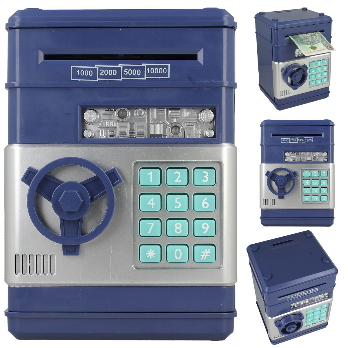 Seif pentru bancnote si monede, Stator, Cu cod pin, Plastic, Albastru ...