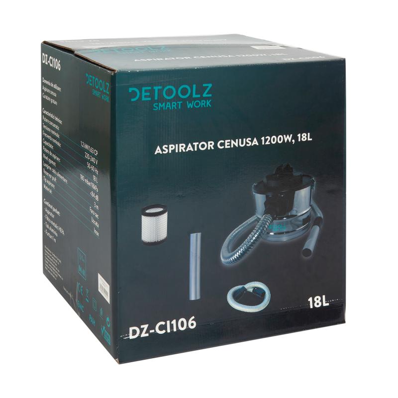 Aspirator cenusa Detoolz Smart, putere 1200W, capacitate 18L, cablu 3m ...