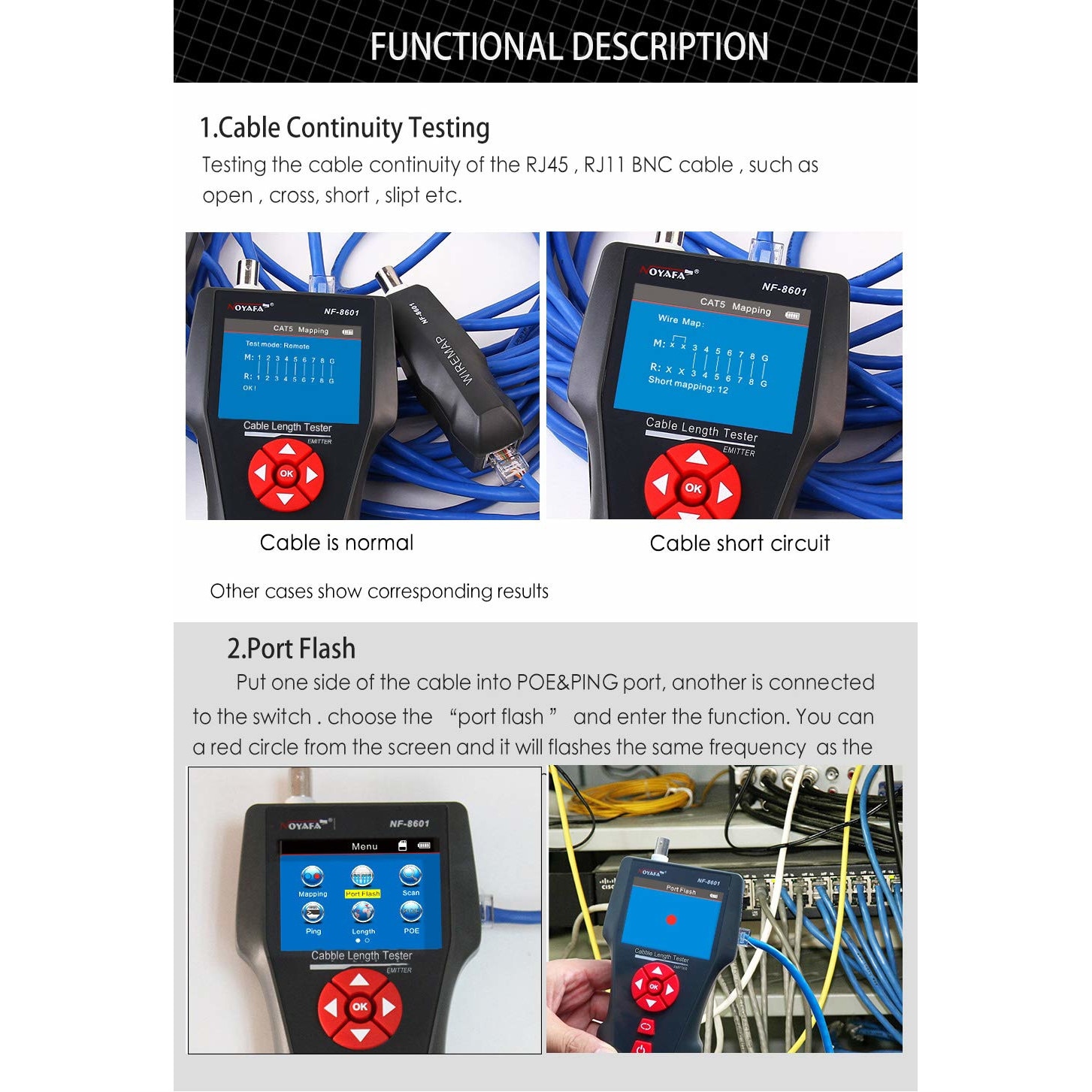 Tester cablu de retea pentru RJ45, RJ11, BNC, UTP, Coaxial, cu functie ...