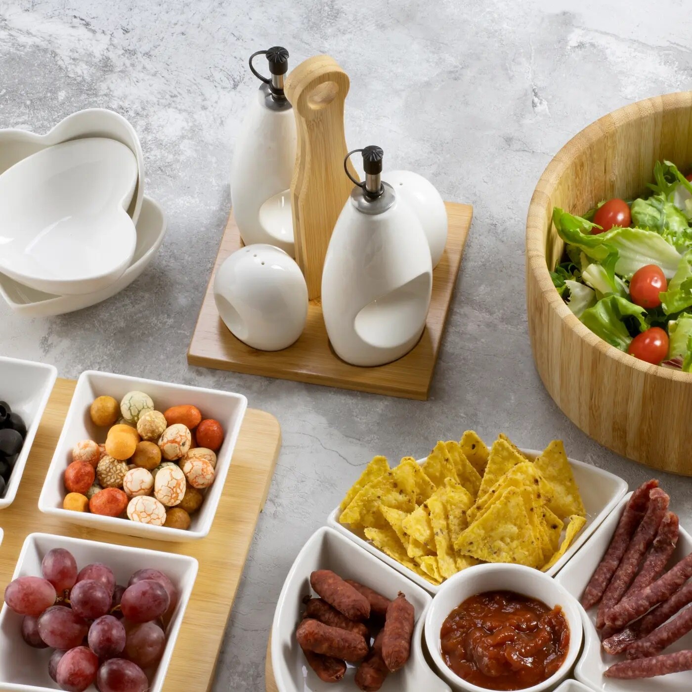 Set recipiente condimente, suport bambus cu maner, 5 piese, portelan ...