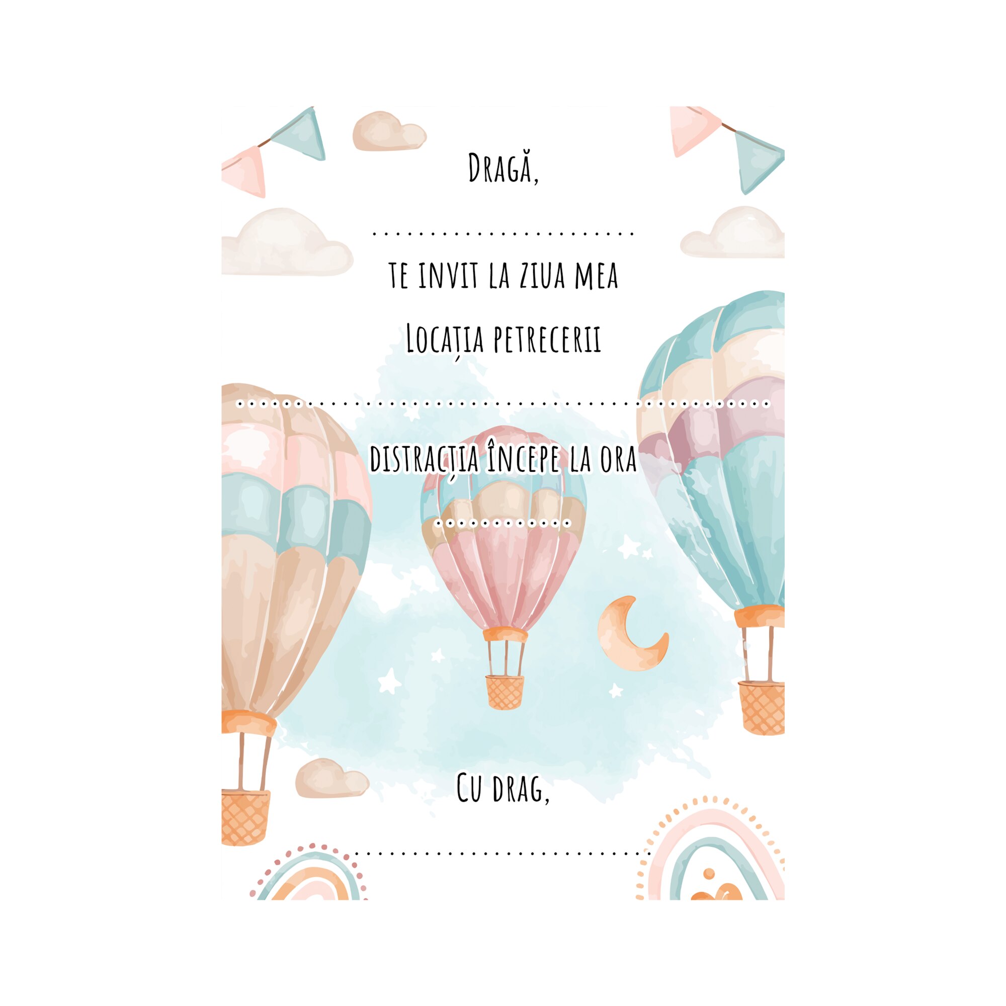 Set 10 invitatii tip formular pentru copii -Up in the sky, Format A6 ...