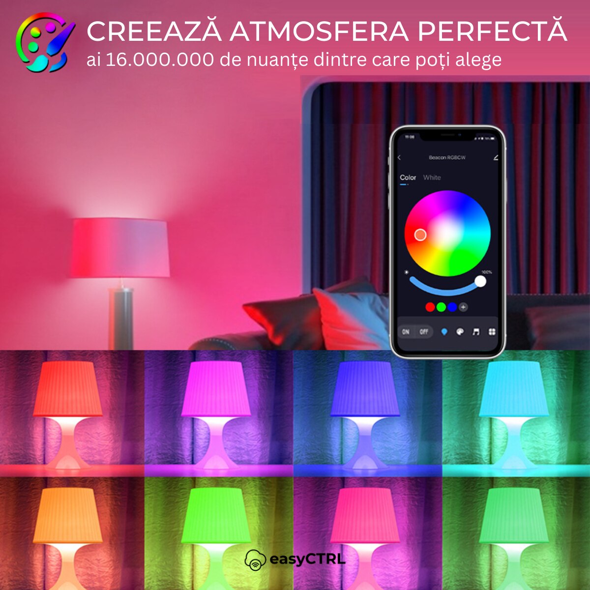Bec LED RGB inteligent, Wi-Fi, Bluetooth, E27,9W, 850 lm, Lumina calda ...