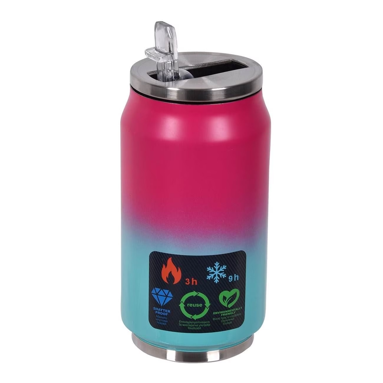 Termos cafea inox, roz verde, cu capac si pai integrat in deschidere ...