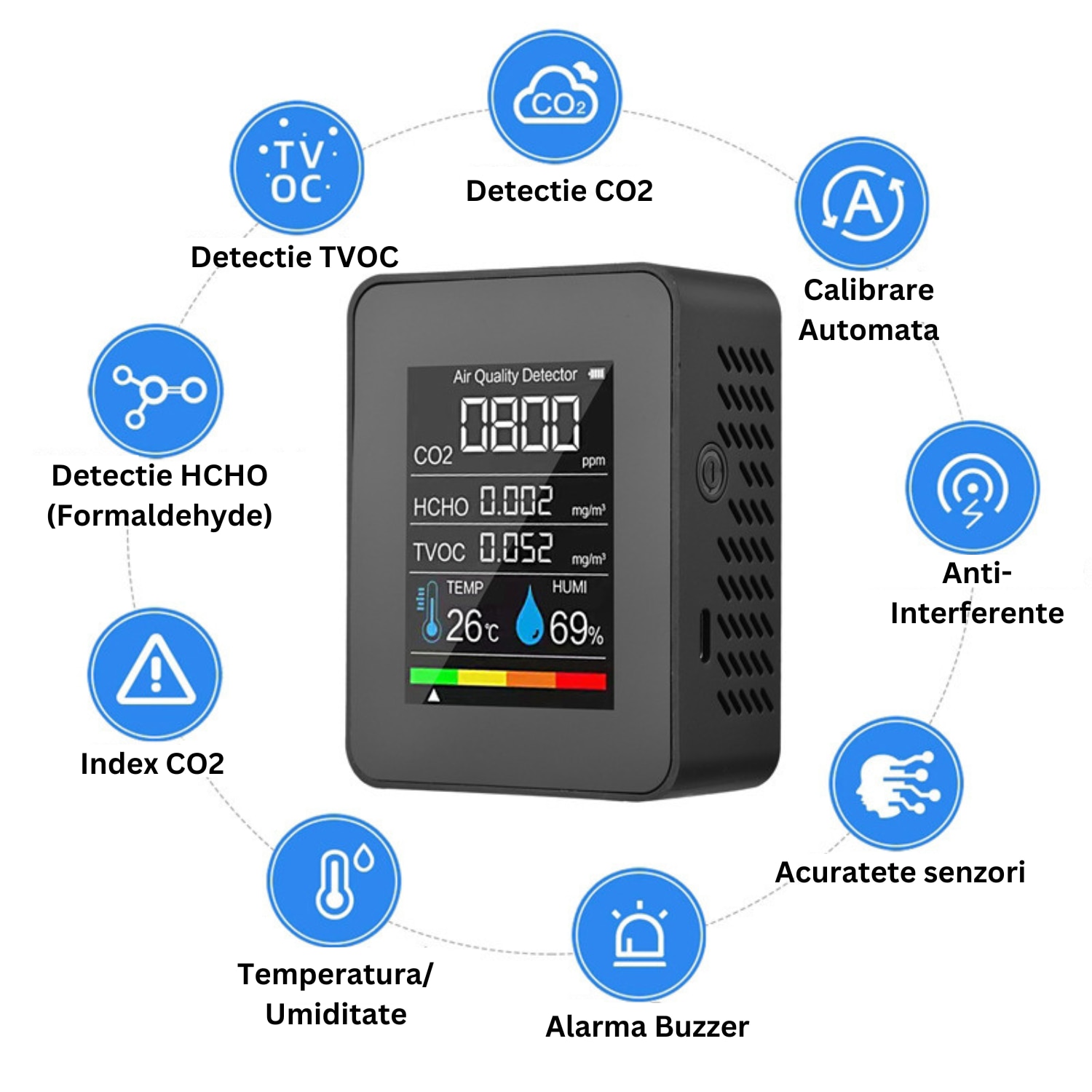 Monitor portabil masurare calitate aer 5 in 1 ACV Premium, ecran LCD color, cu baterie ...