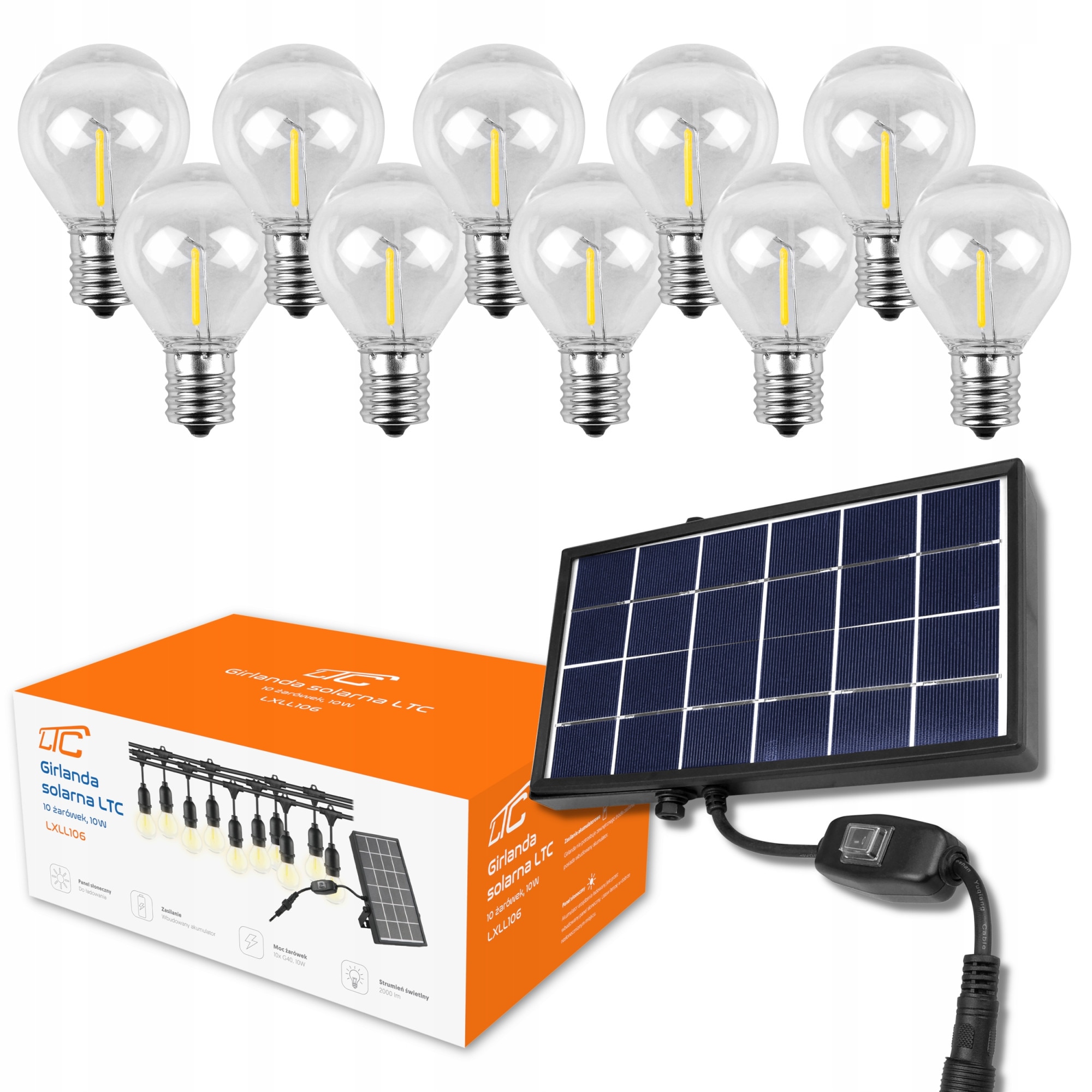 Ghirlanda luminoasa LED cu panou solar 6V/6W, LTC, 2000lm, 10 x G40 ...