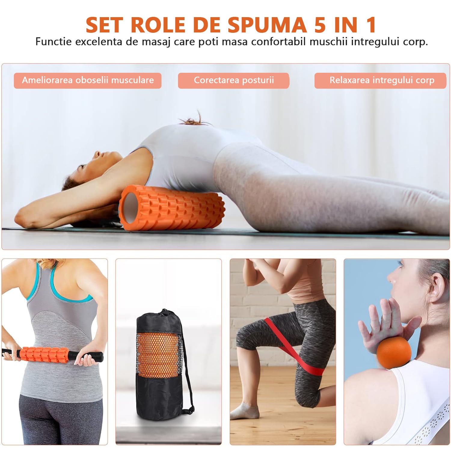 Set Rola Cilindru Masaj din spuma, sundiguer, Cu role, bata, geanta de ...