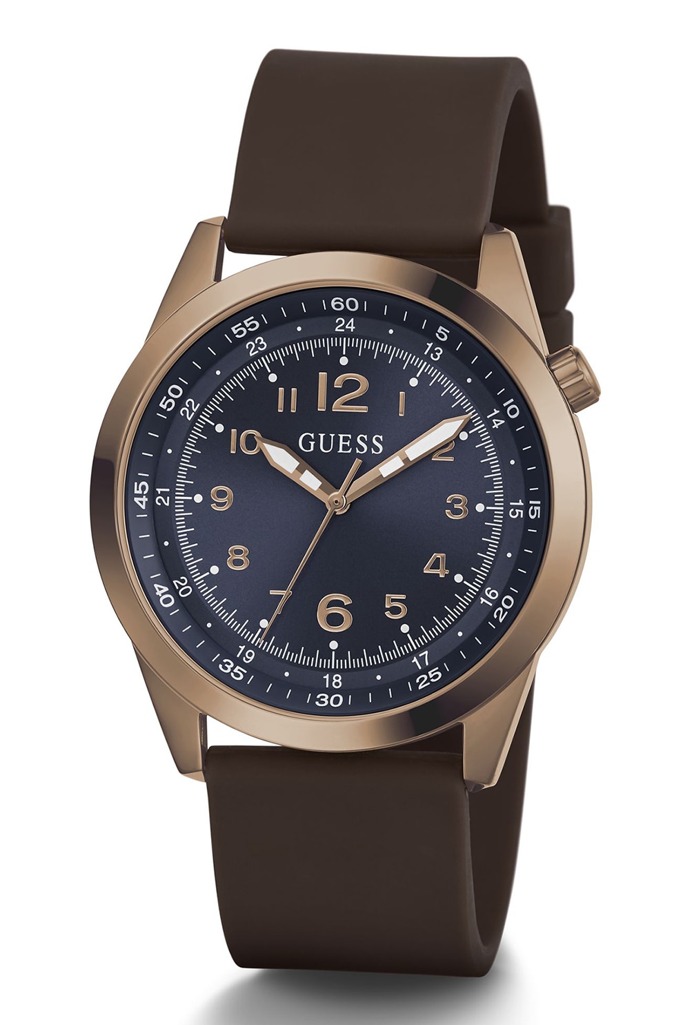 Guess, Ceas analog cu o curea din silicon, Maro inchis, Maro bronz ...