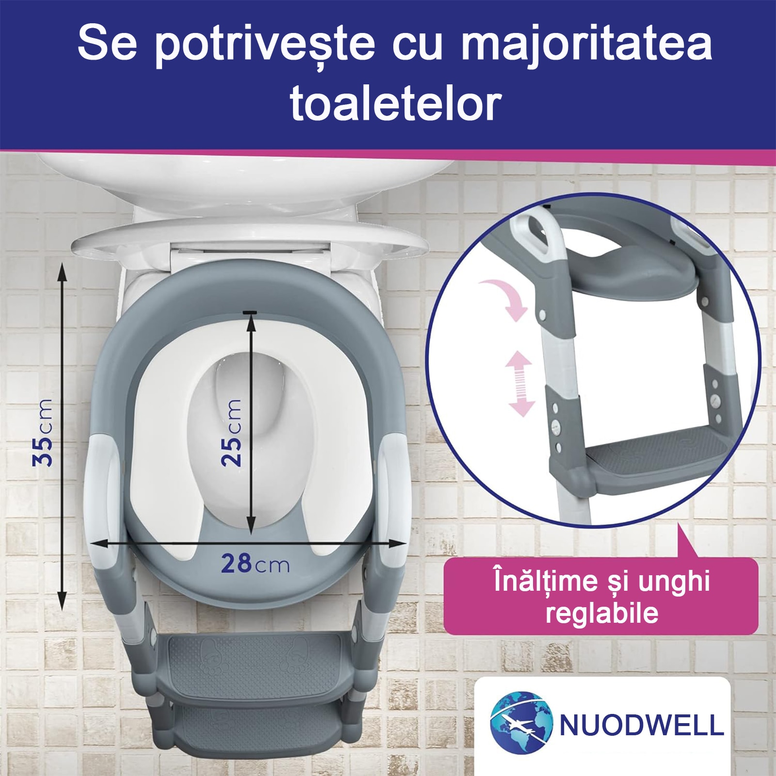 Reductor wc copii cu scarita pliabil, NUODWELL, Cu maner anti-alunecare ...