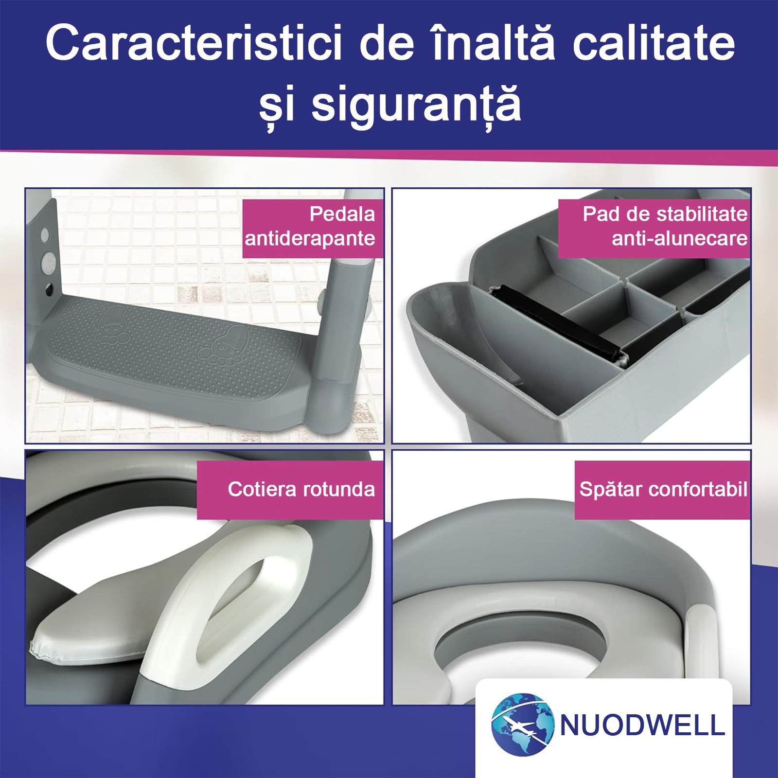 Reductor wc copii cu scarita pliabil, NUODWELL, Cu maner anti-alunecare ...