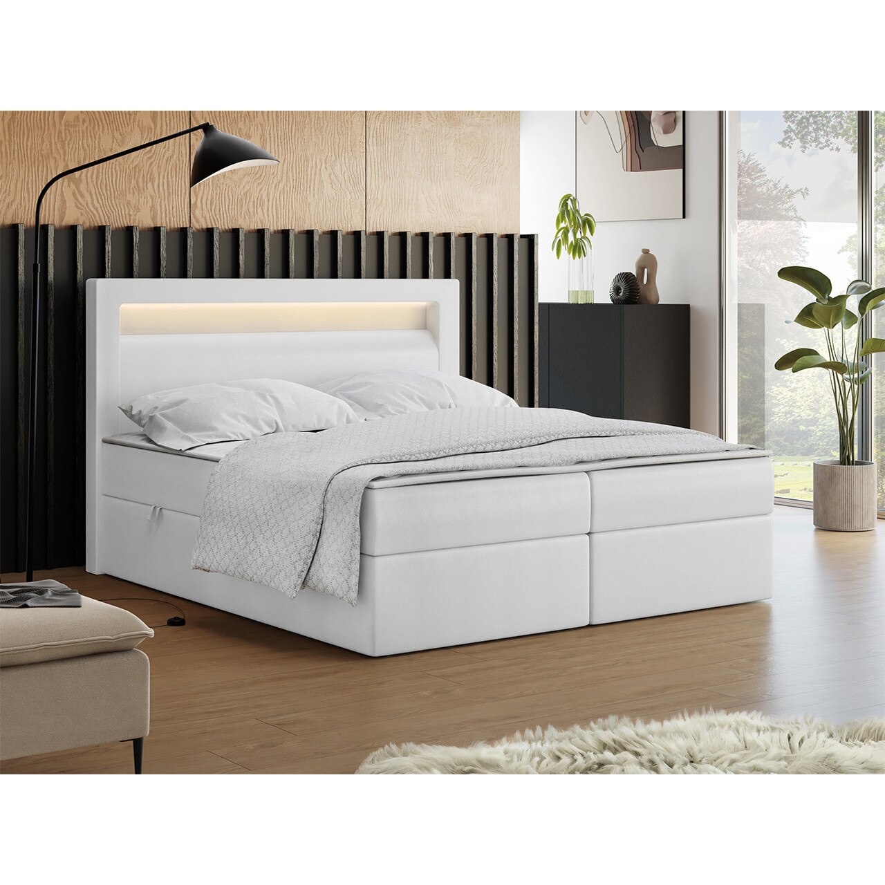 Pat boxspring Uranos LED, Mirjan24, alb piele ecologica, 160x200 - eMAG.ro
