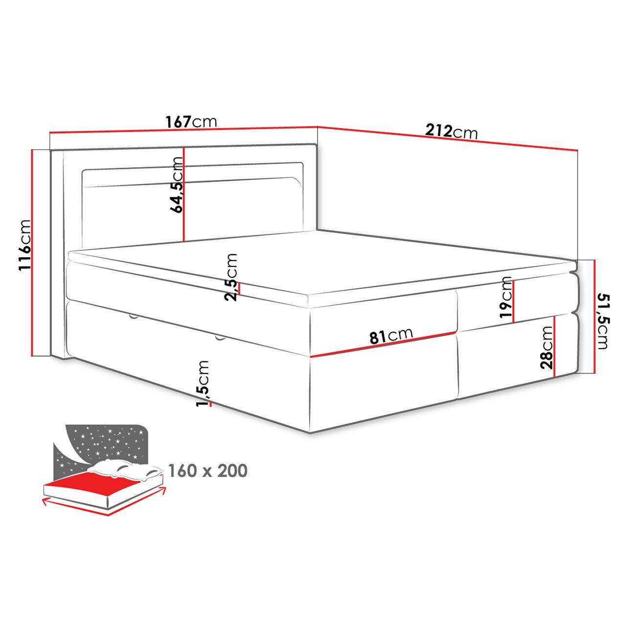 Pat boxspring Uranos LED, Mirjan24, gri, 160x200 - eMAG.ro