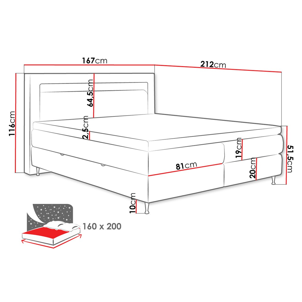 Pat boxspring Eurybia LED, Mirjan24, alb piele ecologica, 160x200 - eMAG.ro