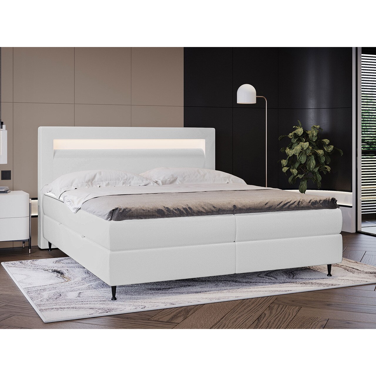 Pat boxspring Eurybia LED, Mirjan24, alb piele ecologica, 160x200 - eMAG.ro
