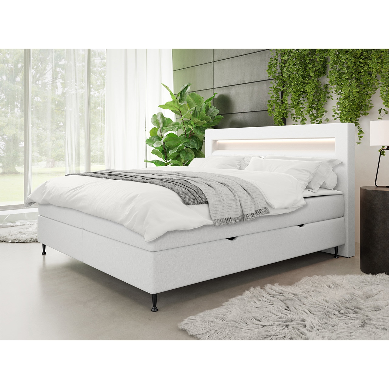 Pat boxspring Eurybia LED, Mirjan24, alb piele ecologica, 180x200 - eMAG.ro