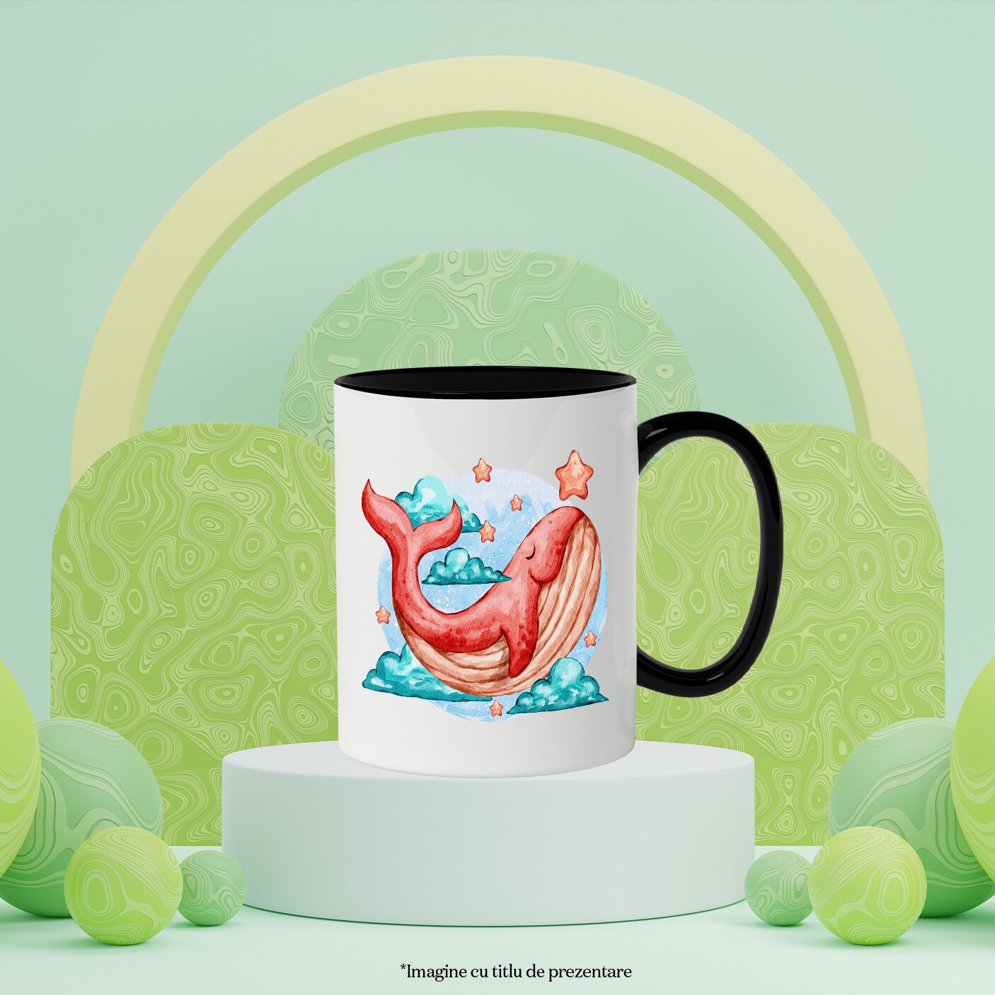 Cana Cu Balena, Nori, Stele, Cer, Multicolor 330 ml, Ceramica cu Maner ...