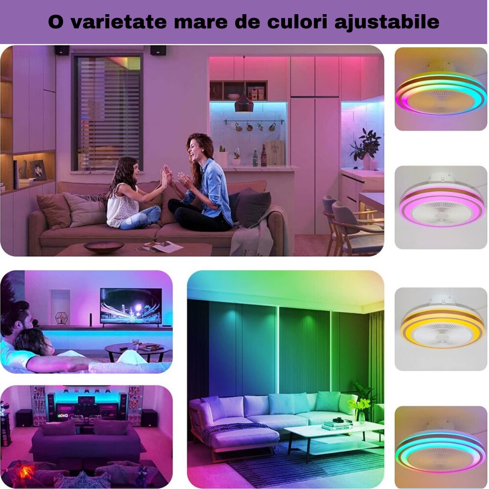 Plafoniera LED smart multicolora cu ventilator, bluetooth si difuzor de ...