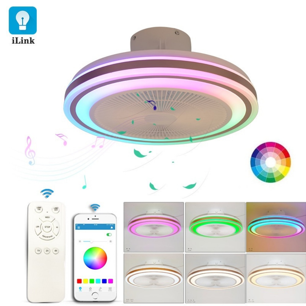 Plafoniera LED smart multicolora cu ventilator, bluetooth si difuzor de ...