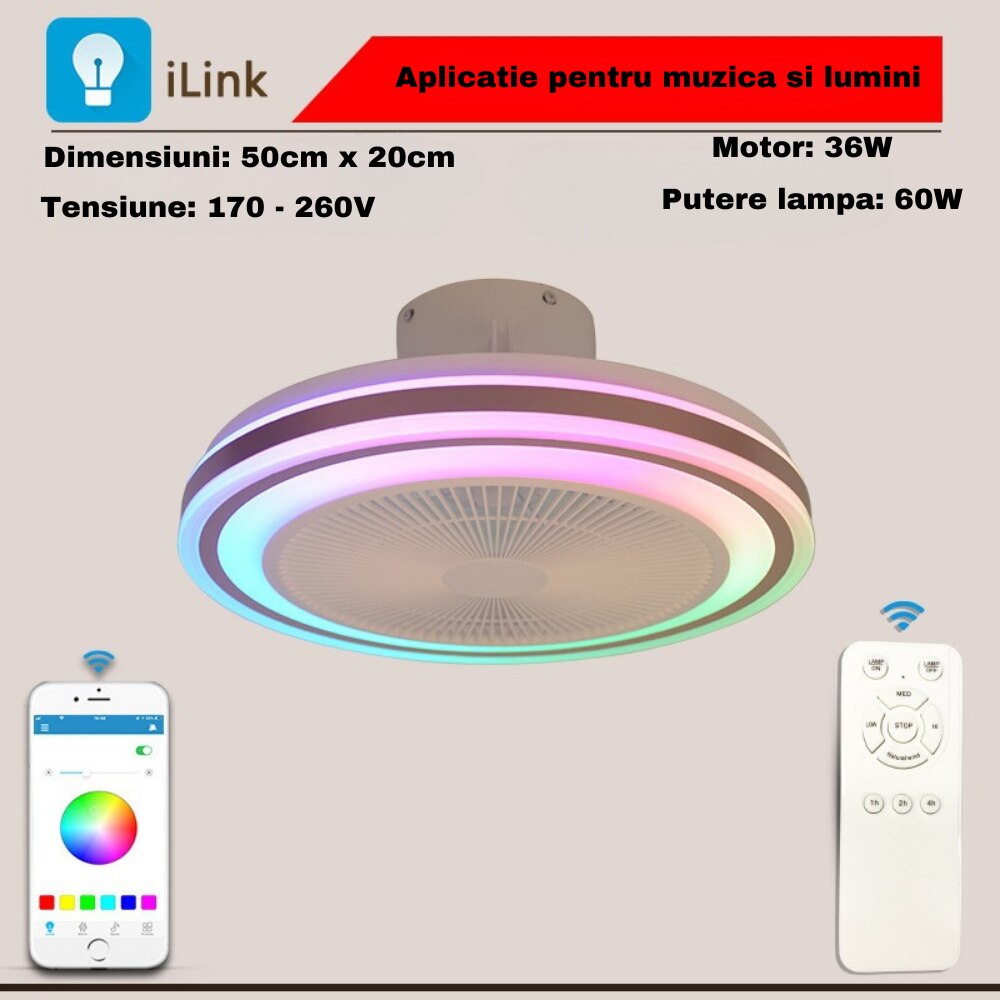 Plafoniera LED smart multicolora cu ventilator, bluetooth si difuzor de ...