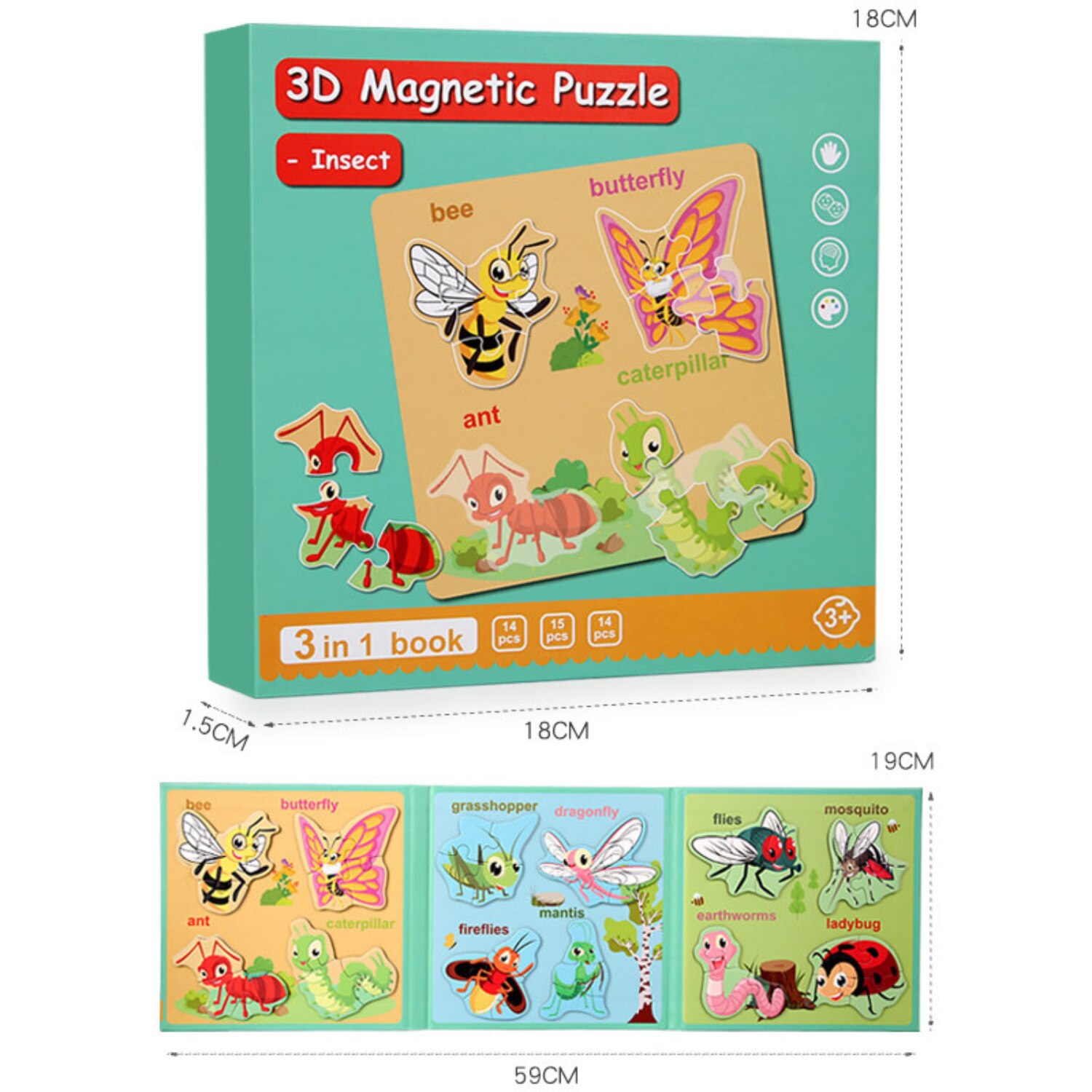 Set 4 Puzzle magnetic 3D pentru copii, 3 in 1, tip carte, modele cu ...