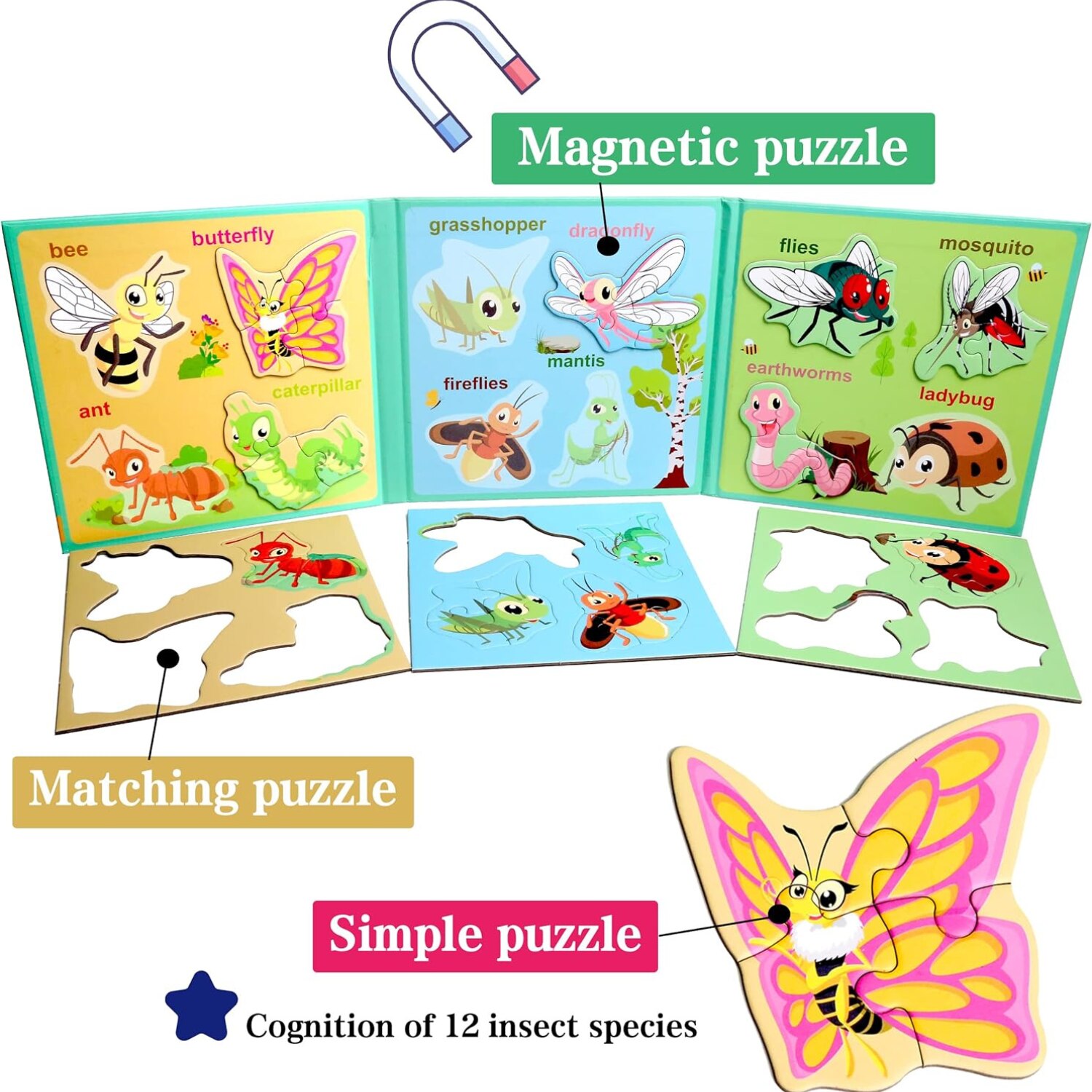 Set 4 Puzzle magnetic 3D pentru copii, 3 in 1, tip carte, modele cu ...