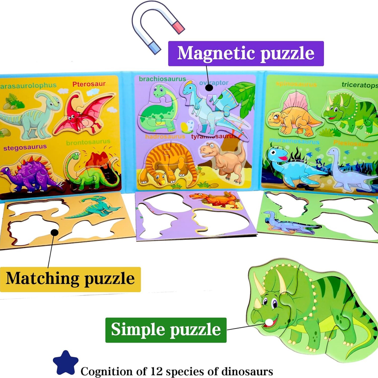 Set 4 Puzzle magnetic 3D pentru copii, 3 in 1, tip carte, modele cu ...