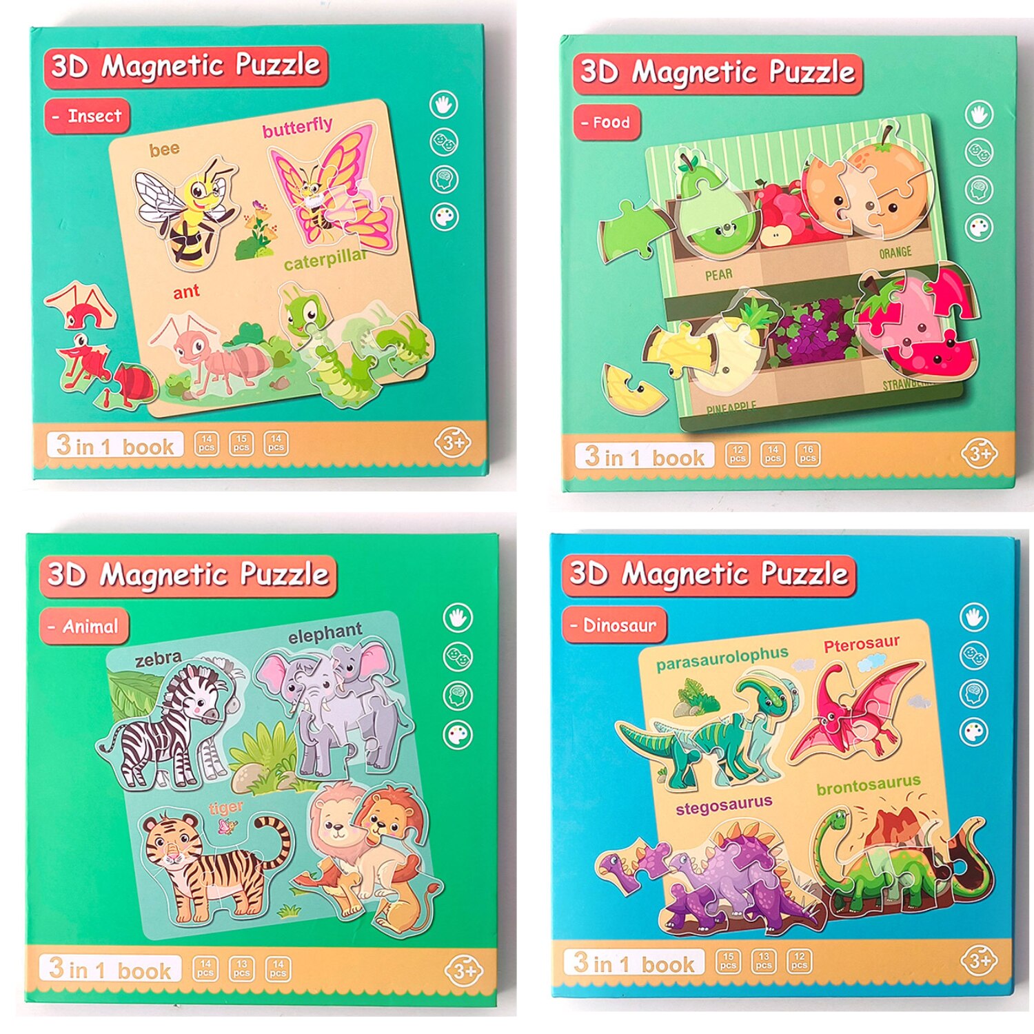 Set 4 Puzzle magnetic 3D pentru copii, 3 in 1, tip carte, modele cu ...