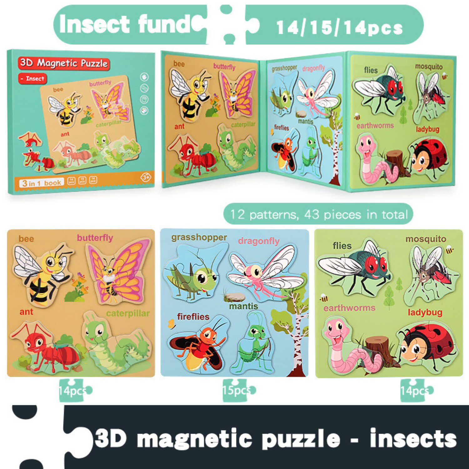 Set 4 Puzzle magnetic 3D pentru copii, 3 in 1, tip carte, modele cu ...