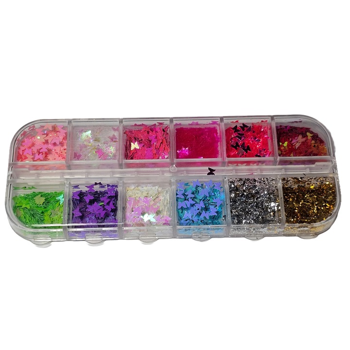 Cutie mix 12 culori decoratiuni unghii Fluturasi si folii sclipici ...