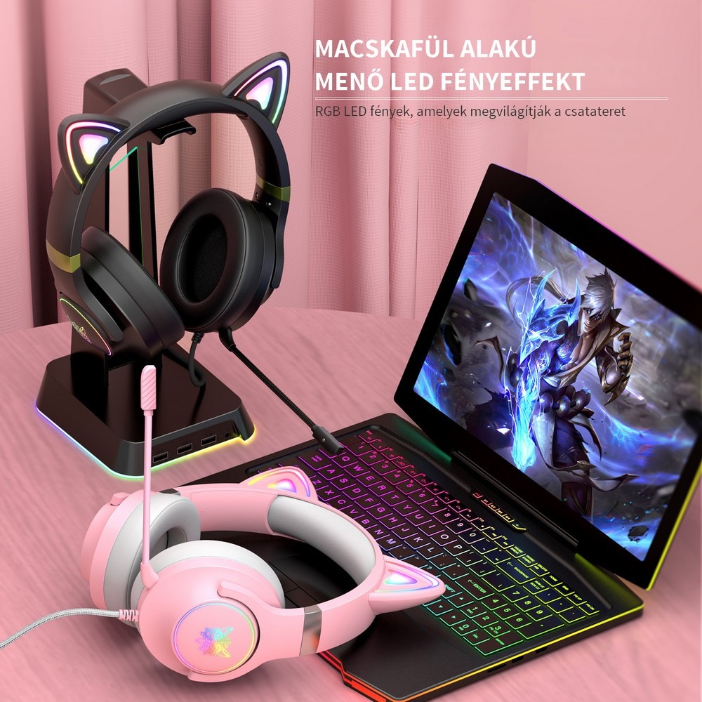 Casti gaming Onikuma X30 RGB urechi de pisica, roz - eMAG.ro