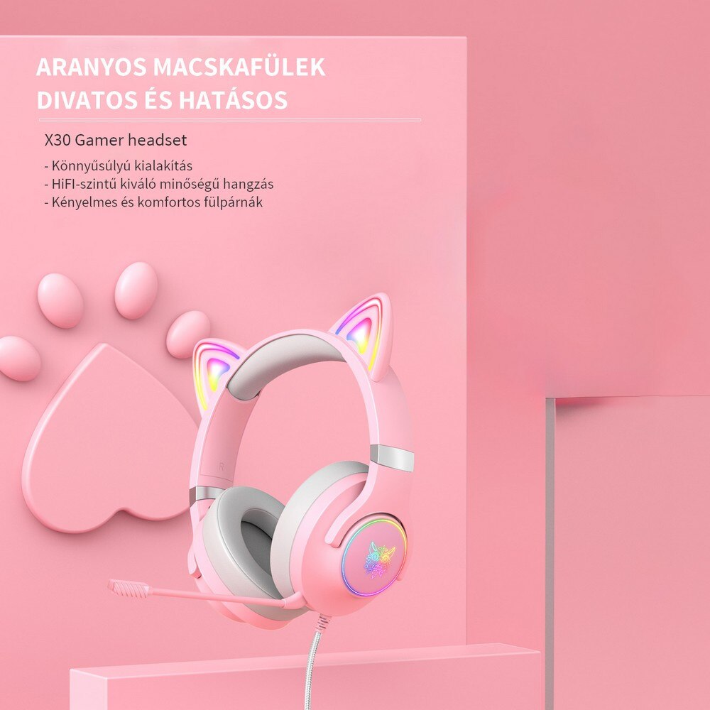 Casti gaming Onikuma X30 RGB urechi de pisica, roz - eMAG.ro