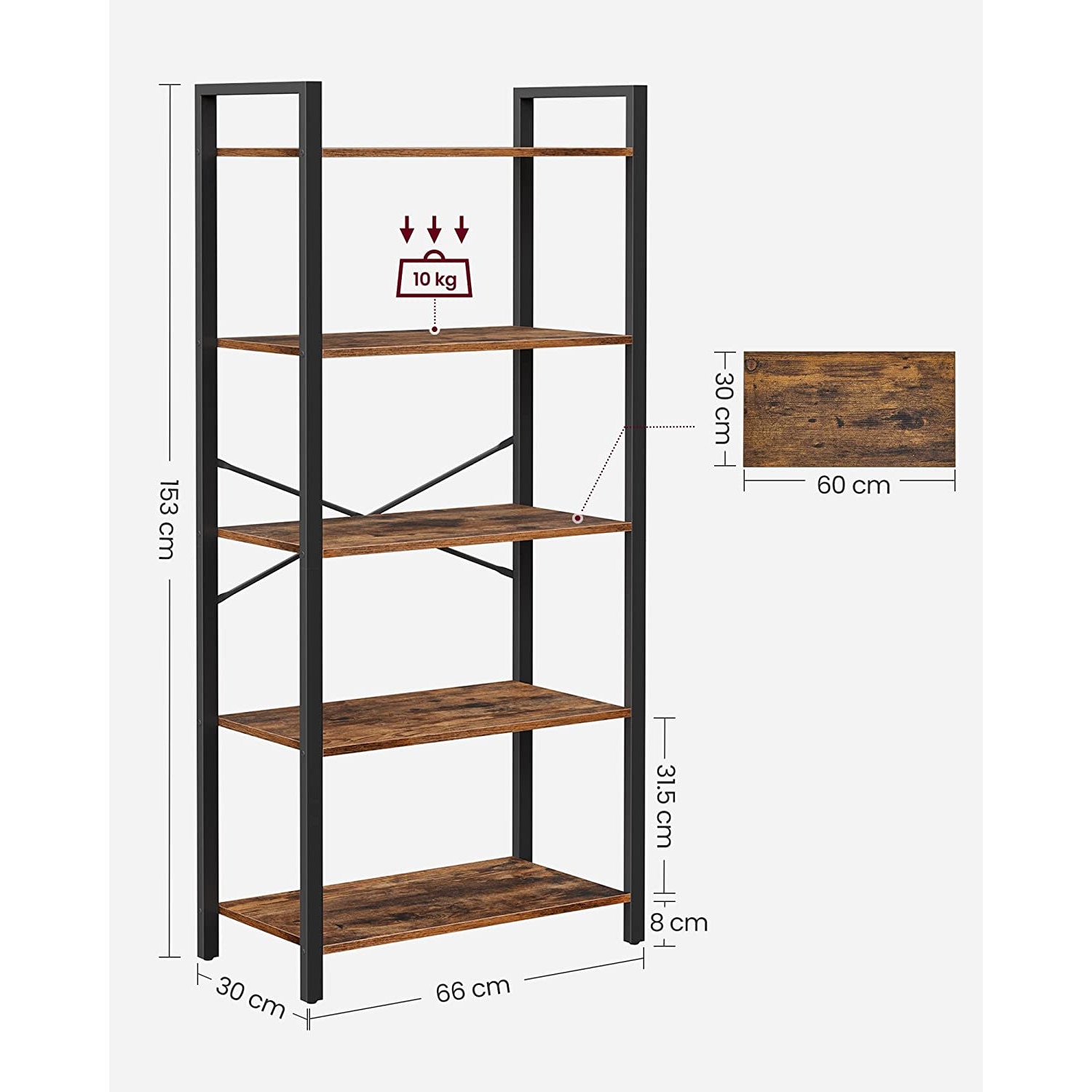 Raft biblioteca, metalic, 5 polite, lemn maro, 66 x 33 x 153cm - eMAG.ro
