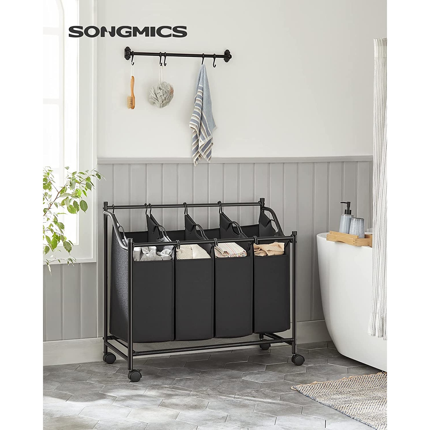 Cos de rufe, pentru haine, mobil, cu 4 compartimente, 4 x 35l, negru ...