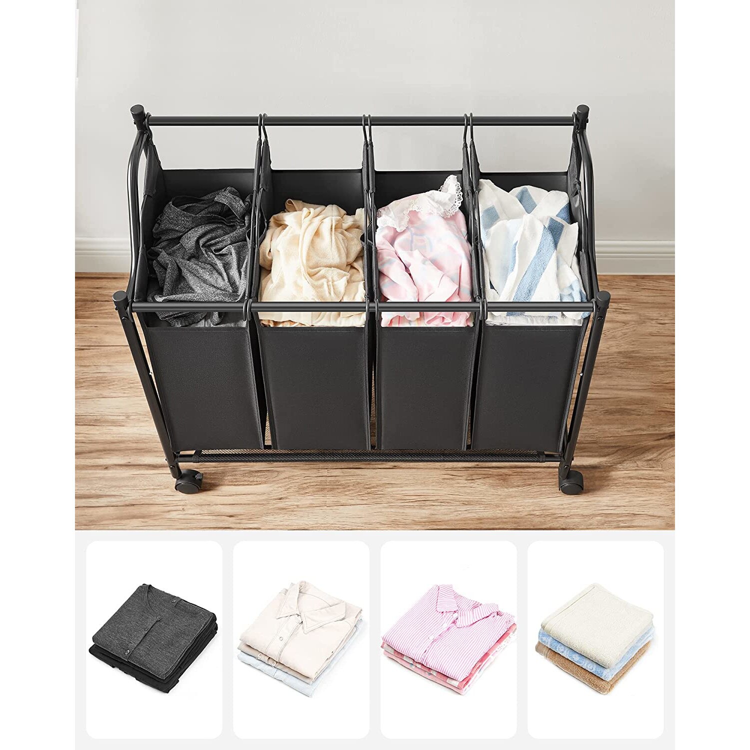 Cos de rufe, pentru haine, mobil, cu 4 compartimente, 4 x 35l, negru ...