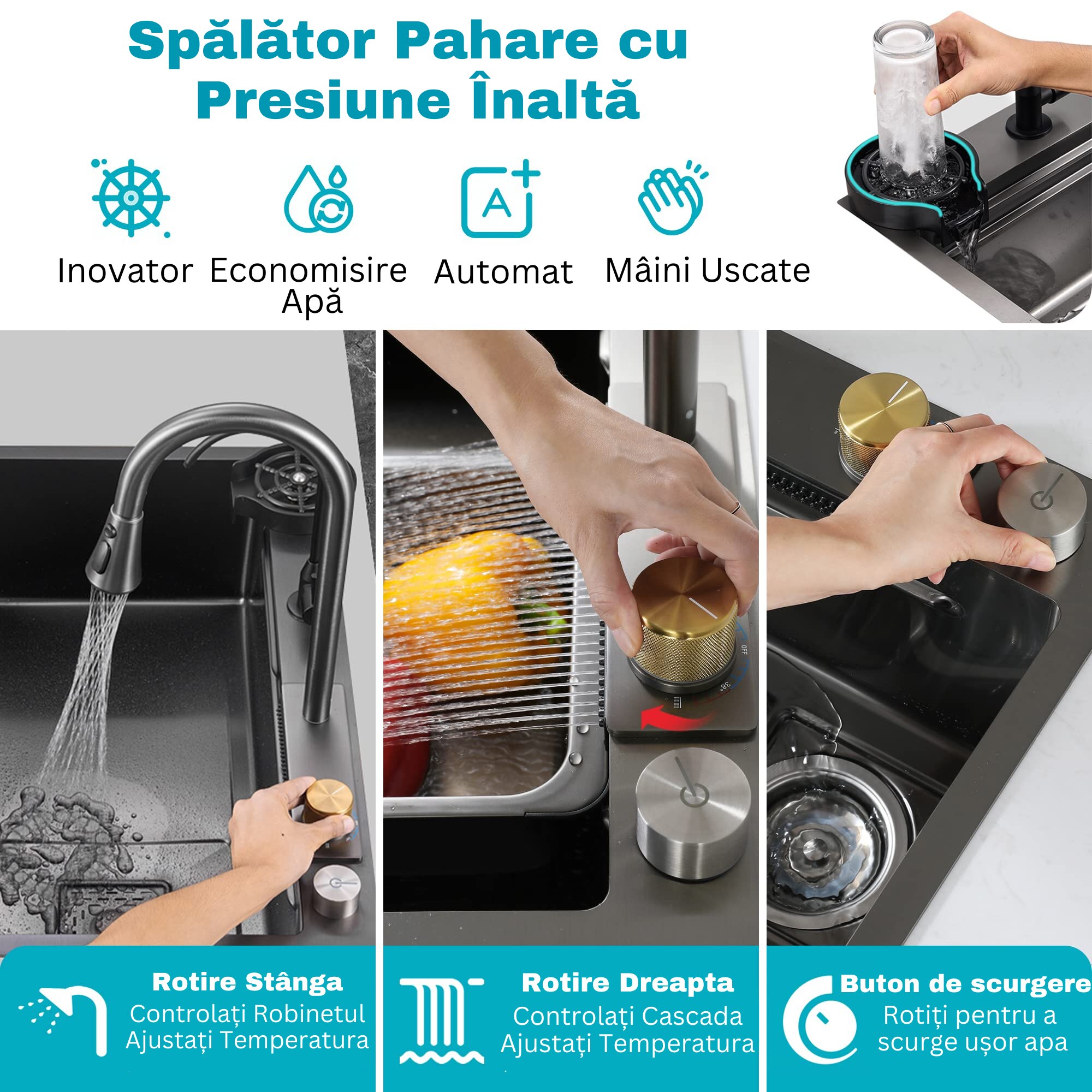 Set chiuveta bucatarie, Milmatt, multifunctionala, baterie cu dus ...