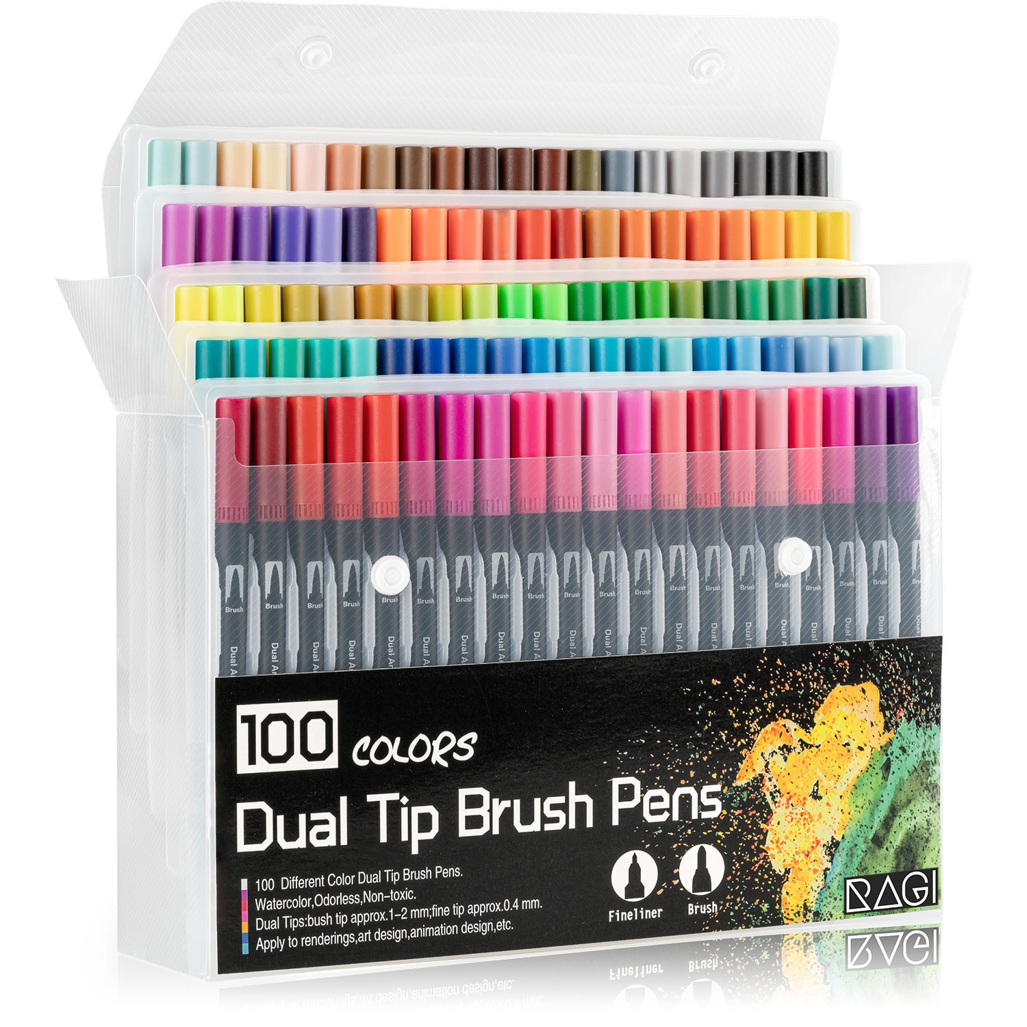 Set de 100 de carioci acuarela brush pen, RAGI, capete duble, cerneala ...