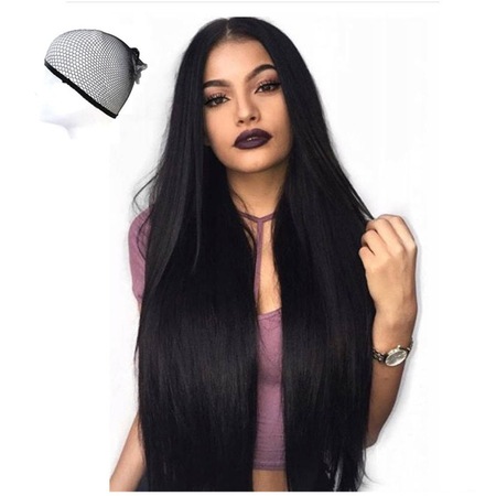 Peruca neagra lunga dreapta, 72cm, cu plasa de par - eMAG.ro