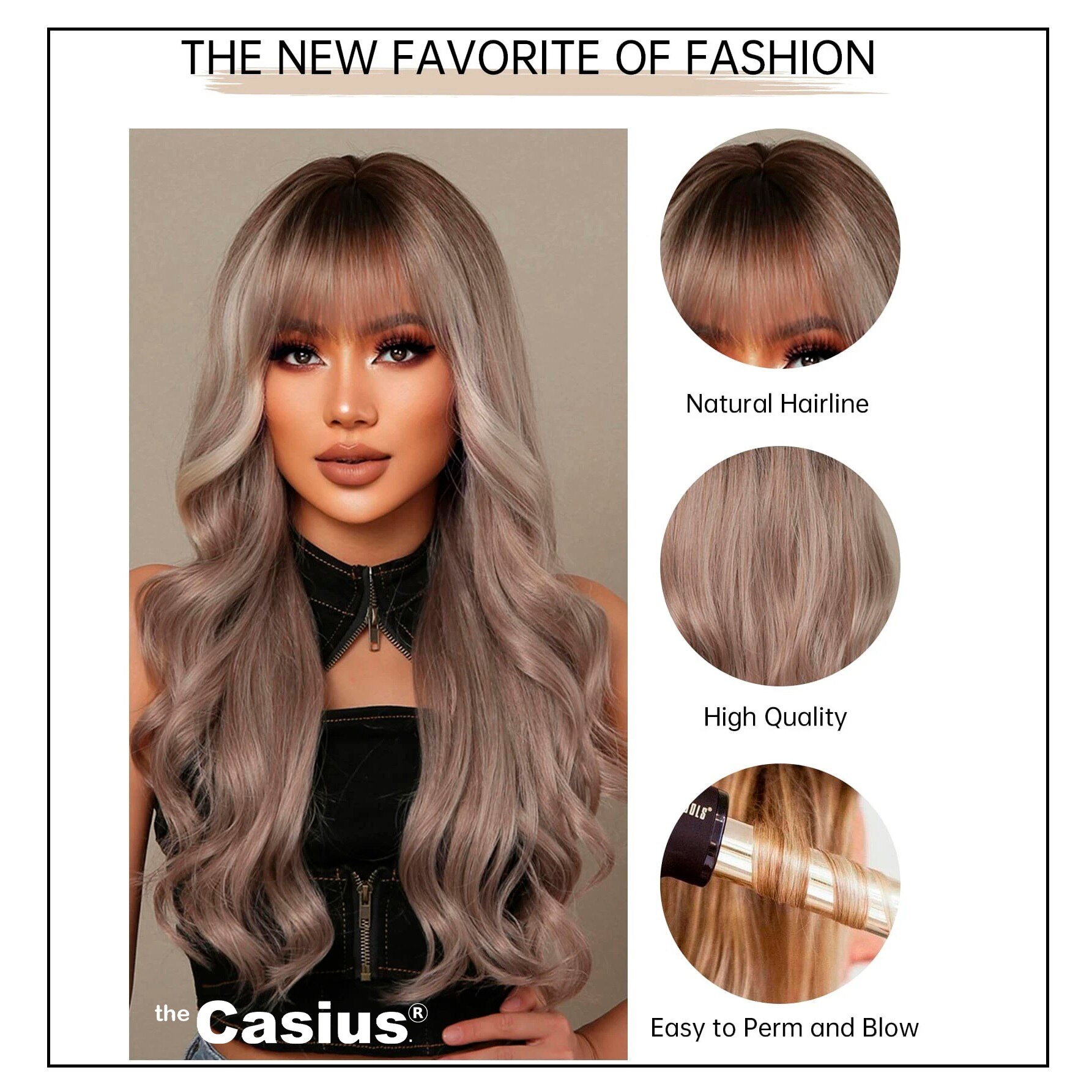 Peruca pentru femei cu par lung ondulat si breton, culoarea blond saten ...