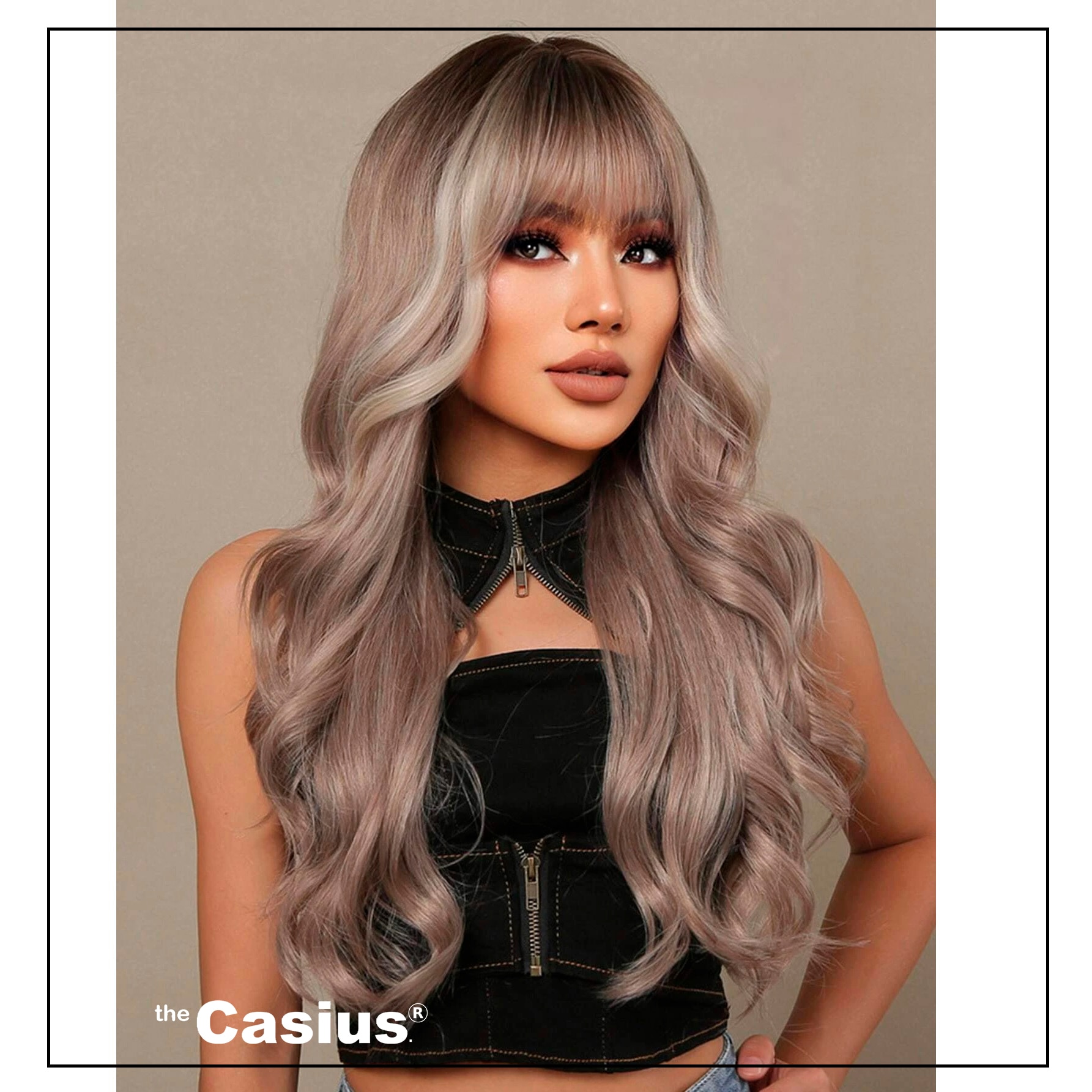 Peruca pentru femei cu par lung ondulat si breton, culoarea blond saten ...