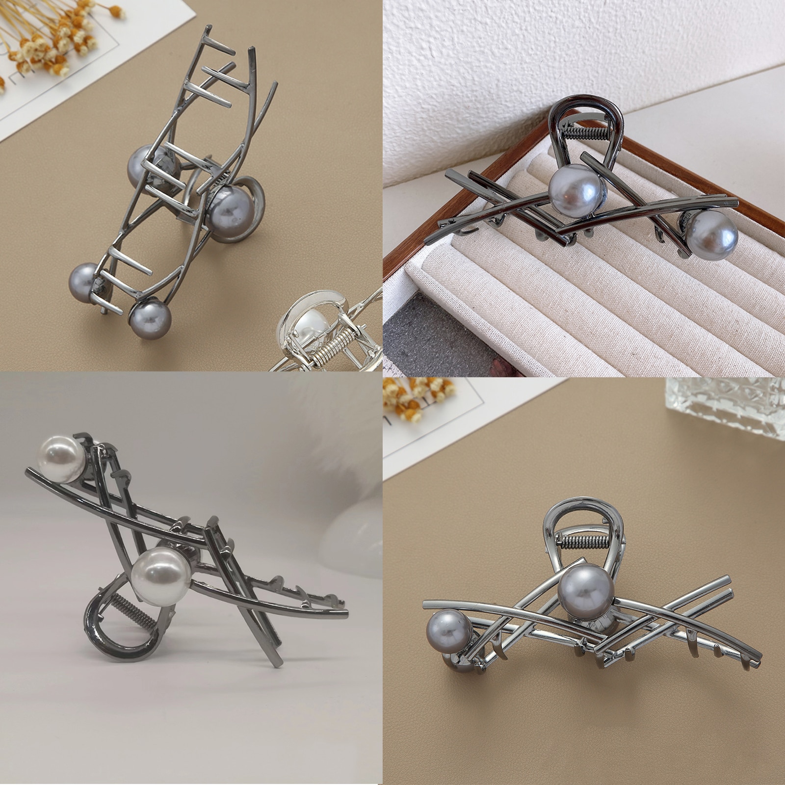 Set 2 agrafe decorative si elegante pentru par, POMAMZ, Perle, fundite ...