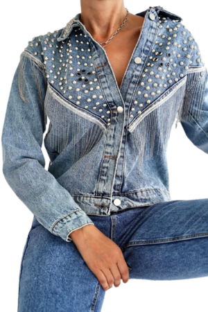 Geaca de blugi, albastra cu pietre si lanturi, marimea M - eMAG.ro