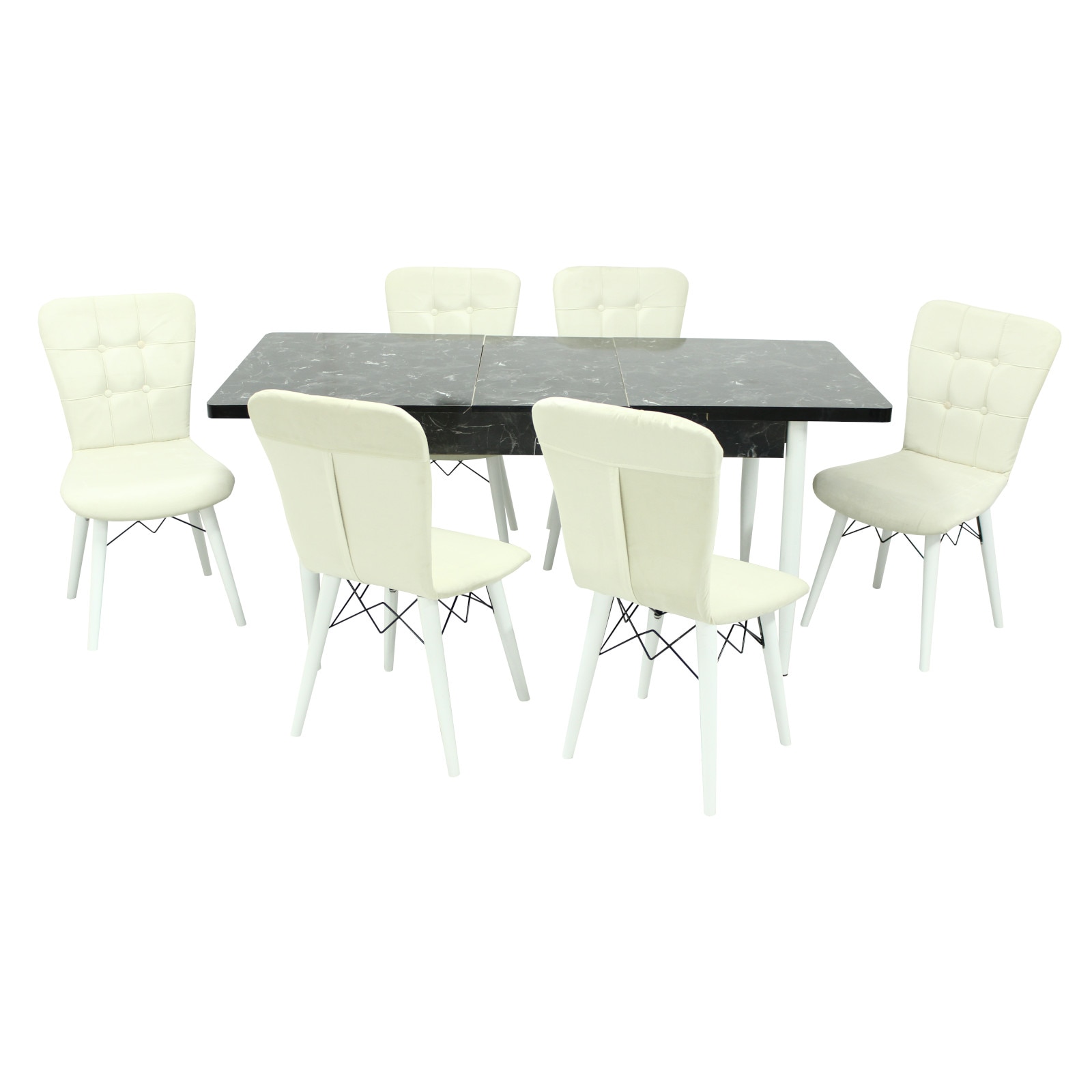Set masa extensibila Aris Negru marmorat cu 6 scaune Arthur crem picior ...