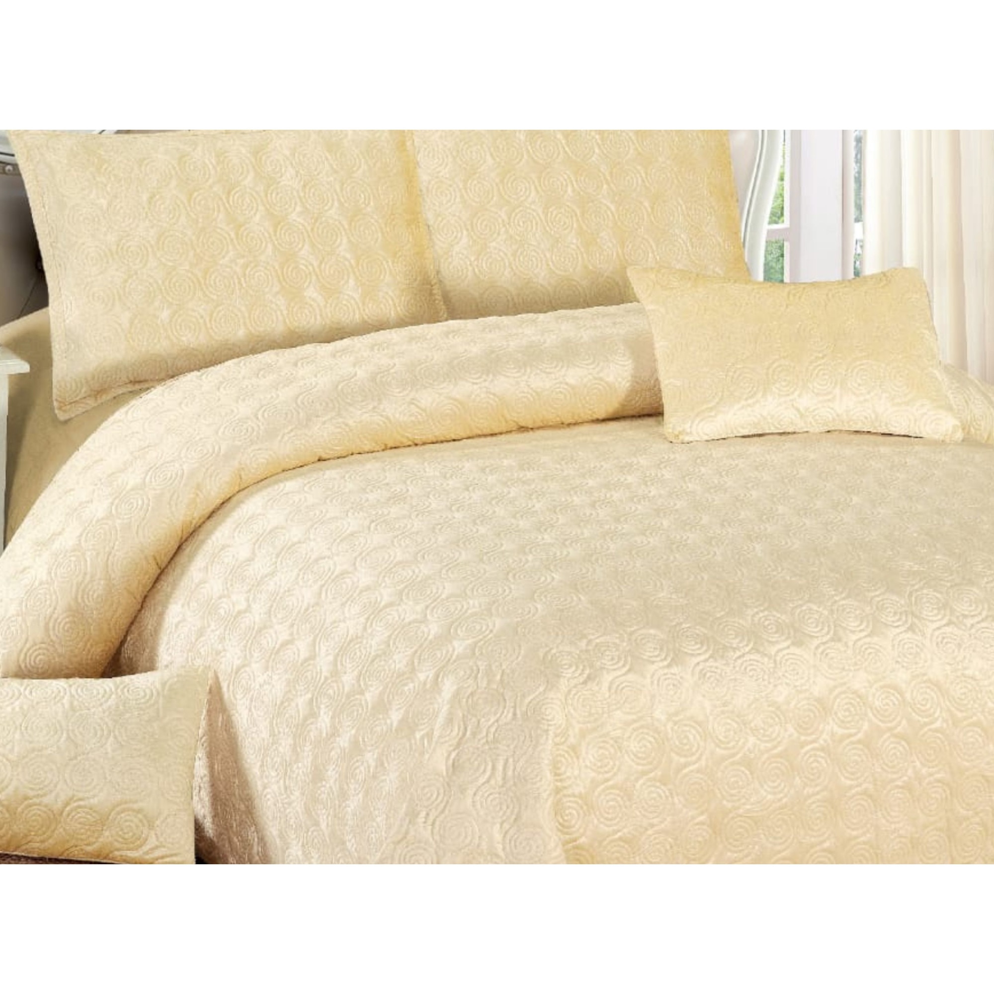 Cuvertura de pat si 4 Fete de Perna din Catifea, Matlasata, 220 x 240 cm, Set 5 piese, Crem ...