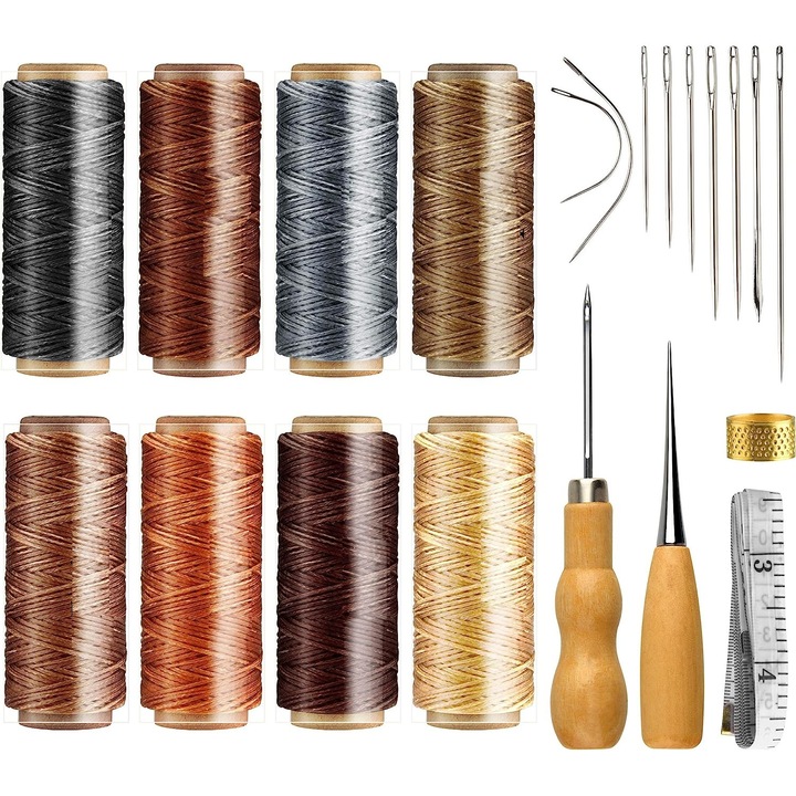 Set de cusut piele Fepito 21 articole, cu ata cerata, ace de pielarie ...