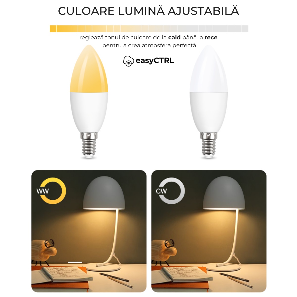 Bec LED RGB inteligent, Wi-Fi, Bluetooth, E14,4.5W, 350 lm, Lumina ...